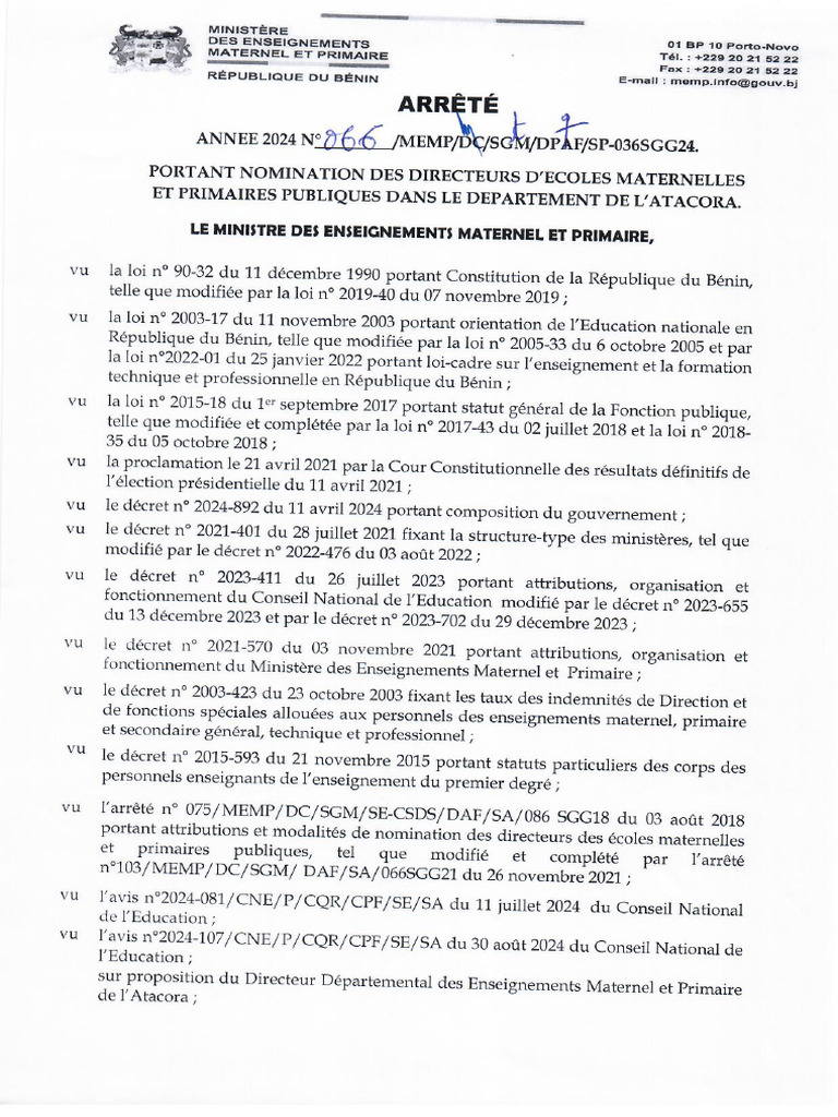 Arrêté Nomination 2024 ATACORA | PDF