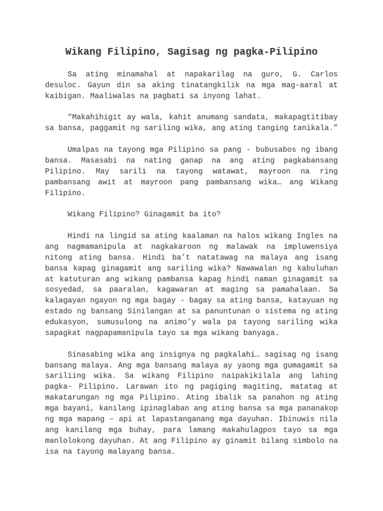 Talumpati (Wikang Filipino, Sagisag NG Pagka-Pilipino) | PDF