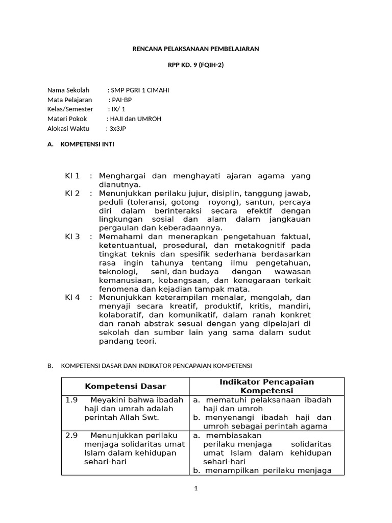 RPP KLS 9 Bab Fiqh Haji | PDF