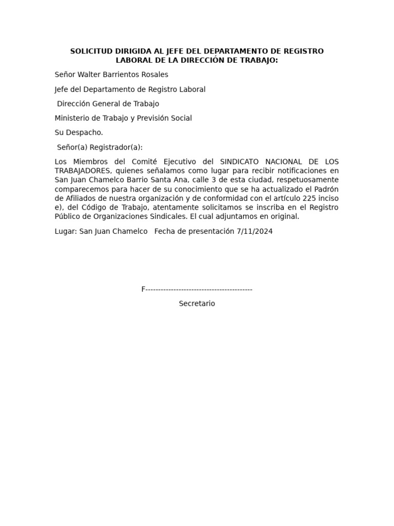 Paso 8 Modelo de Solicitud Dirigida Al Jefe Del Departamento de Registro Laboral de La Dirección ...