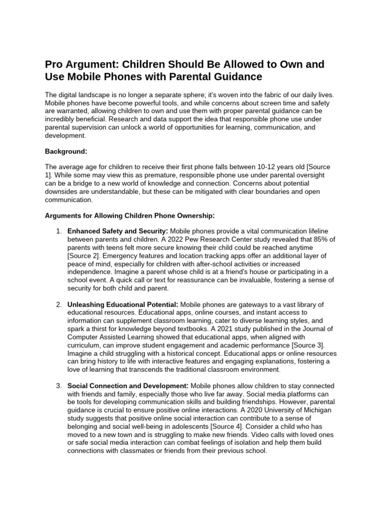 Pro Argument - Children Should Be Allowed To Own and Use Mobile Phones ...