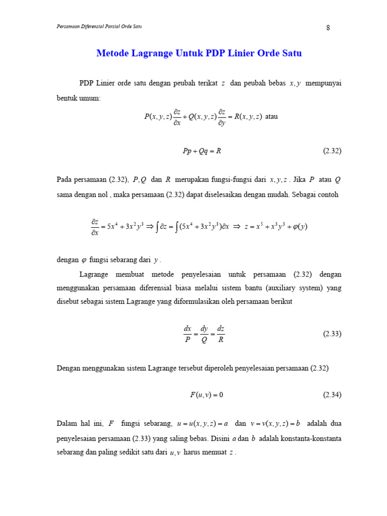 Metode Lagrange Untuk PDP Linier Orde Satu | PDF