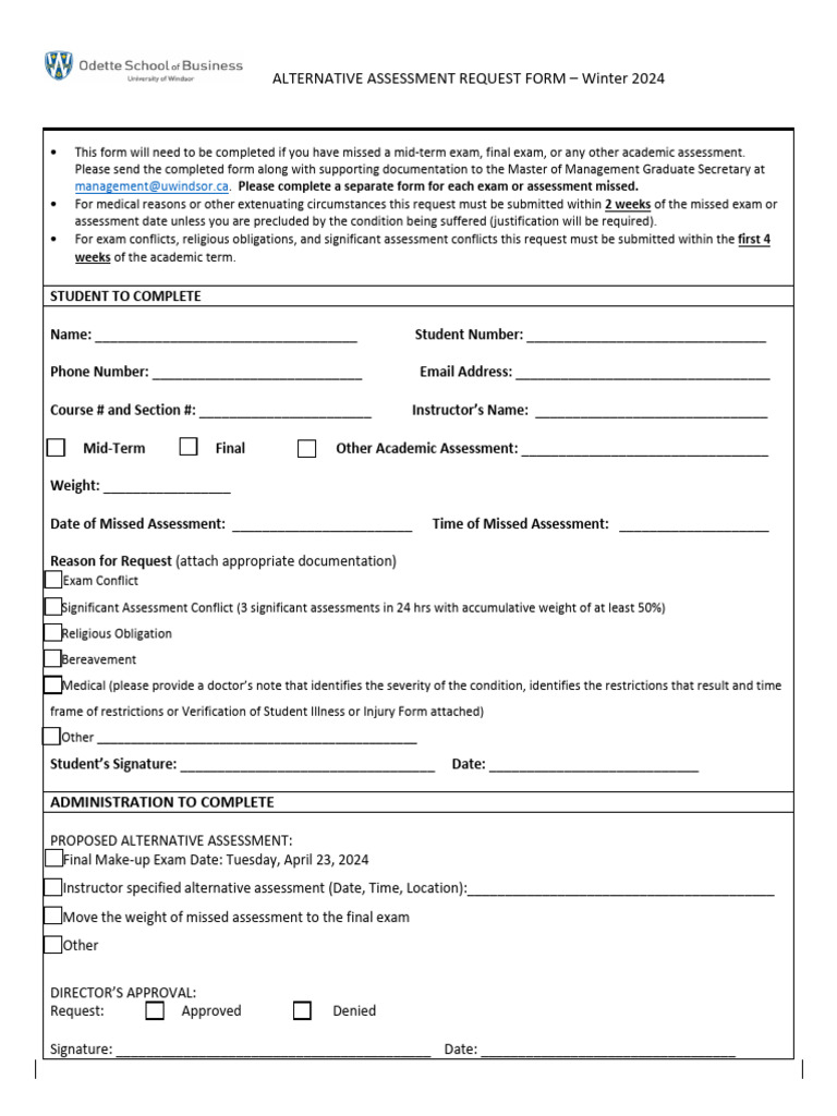 Alternative Assessment Request Form - Winter 2024 | PDF