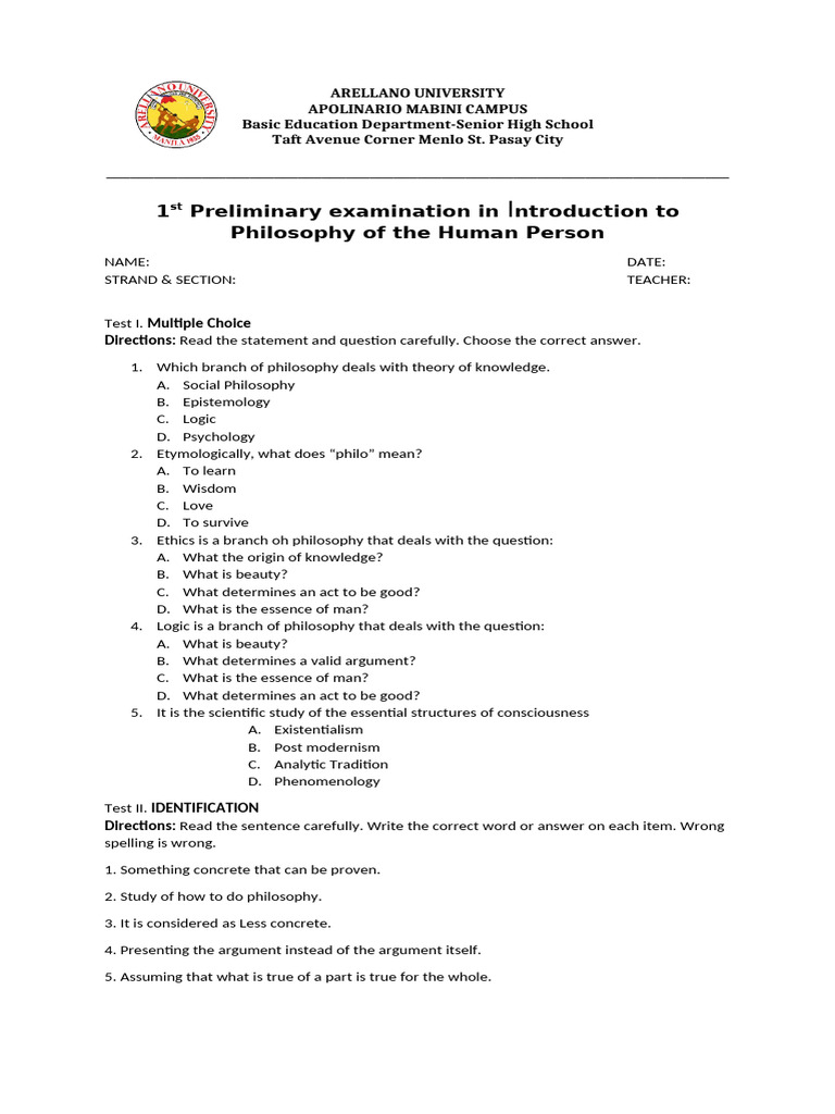 IPHP 1st PreliminaryExam | PDF | Faith | Logic