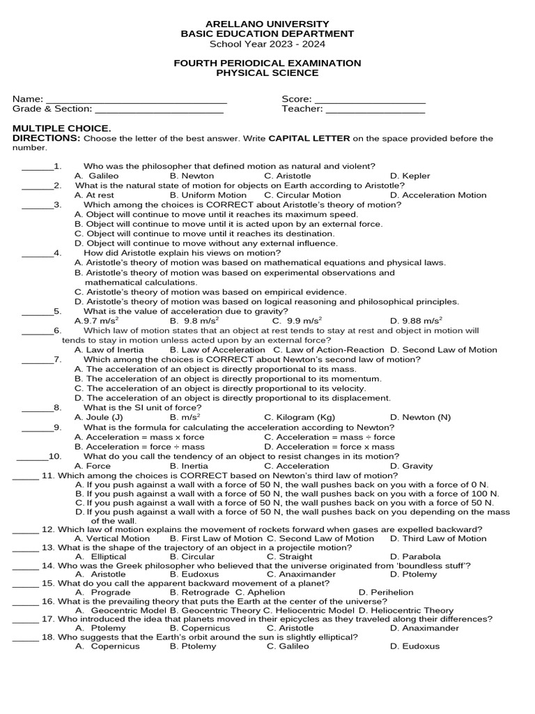 4TH Quarter Exam - Physical Science - S.y.2023 2024 | PDF