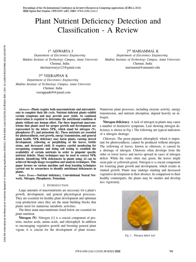 Plant Nutrient Deficiency Detection and Classification - A Review | PDF