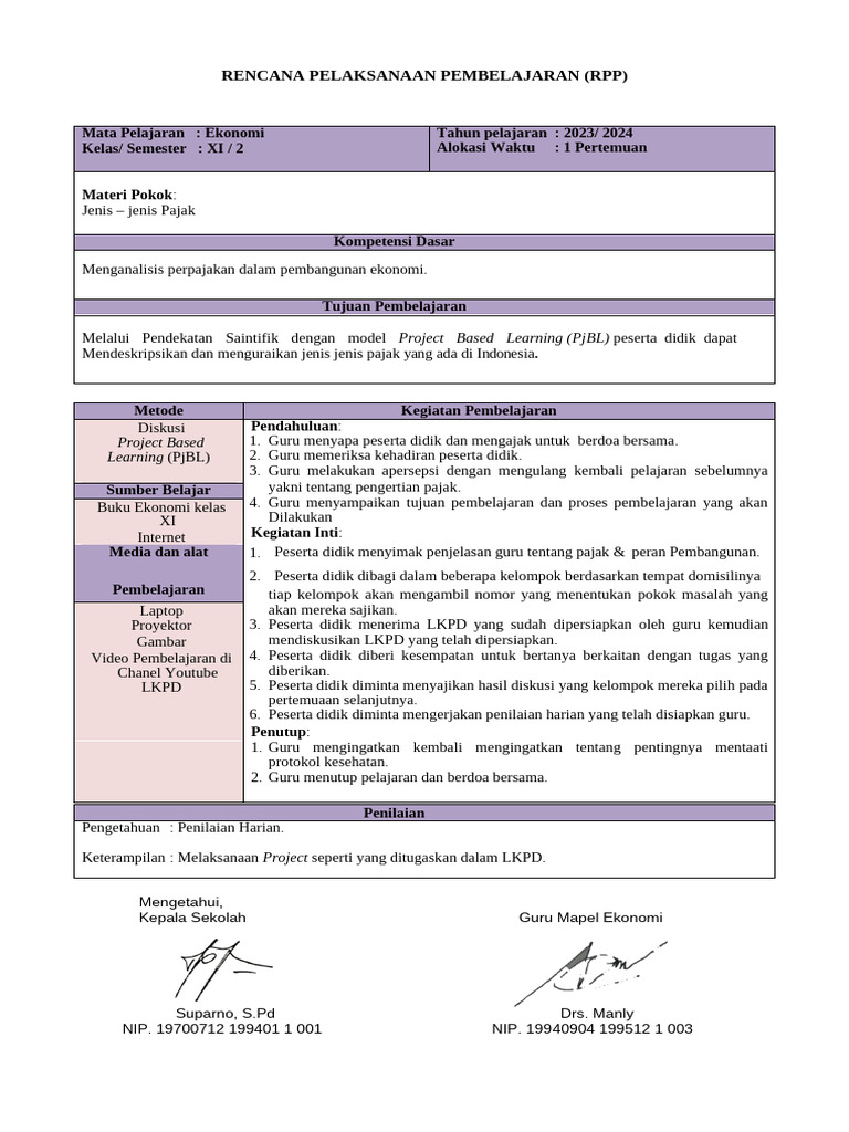 Rencana Pelaksanaan Pembelajaran (RPP) : Project Based Learning (PJBL ...