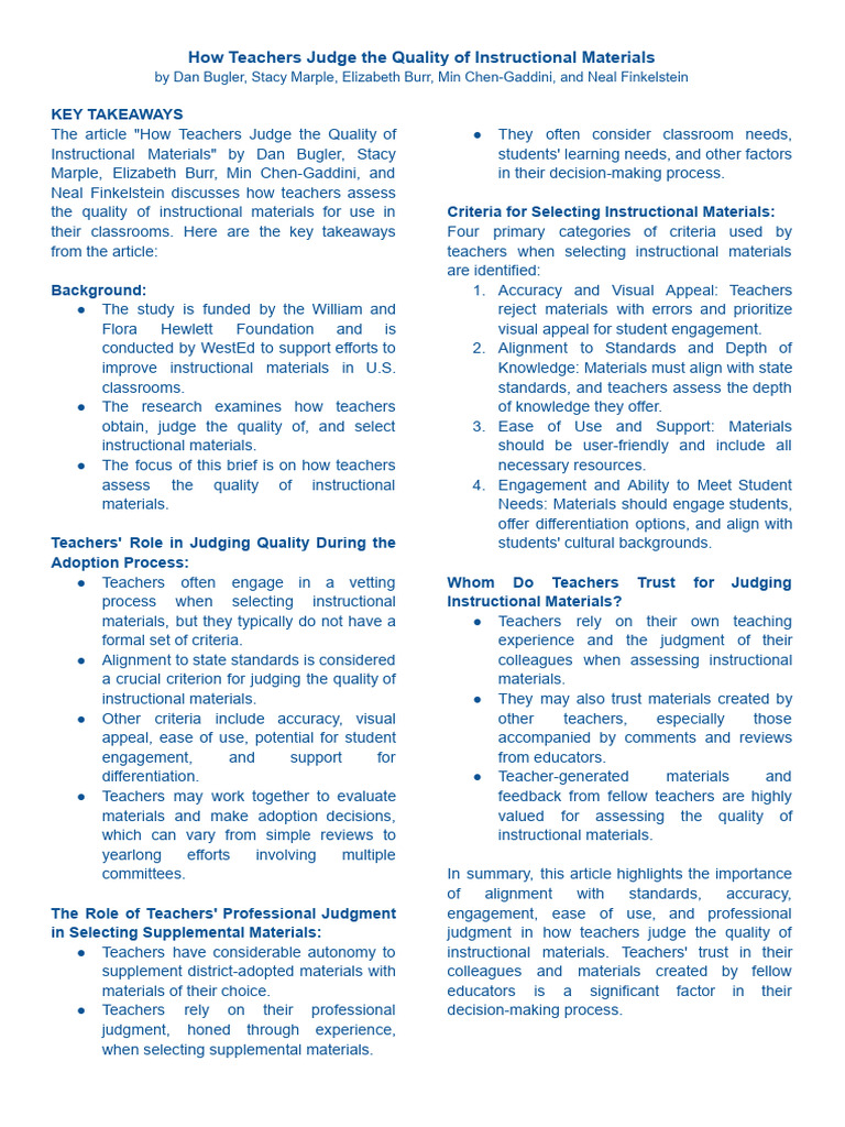 How Teachers Judge The Quality of Instructional Materials 1 | PDF