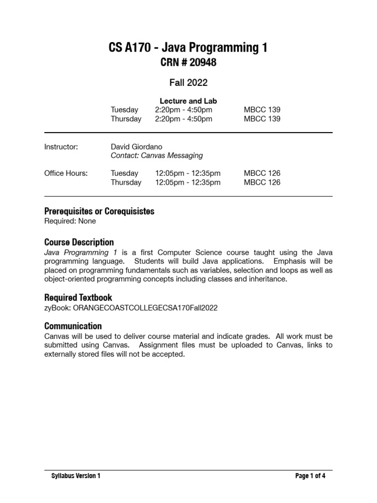 2022 Fall Syllabus - CS A170 Java Programming Version 1 | PDF