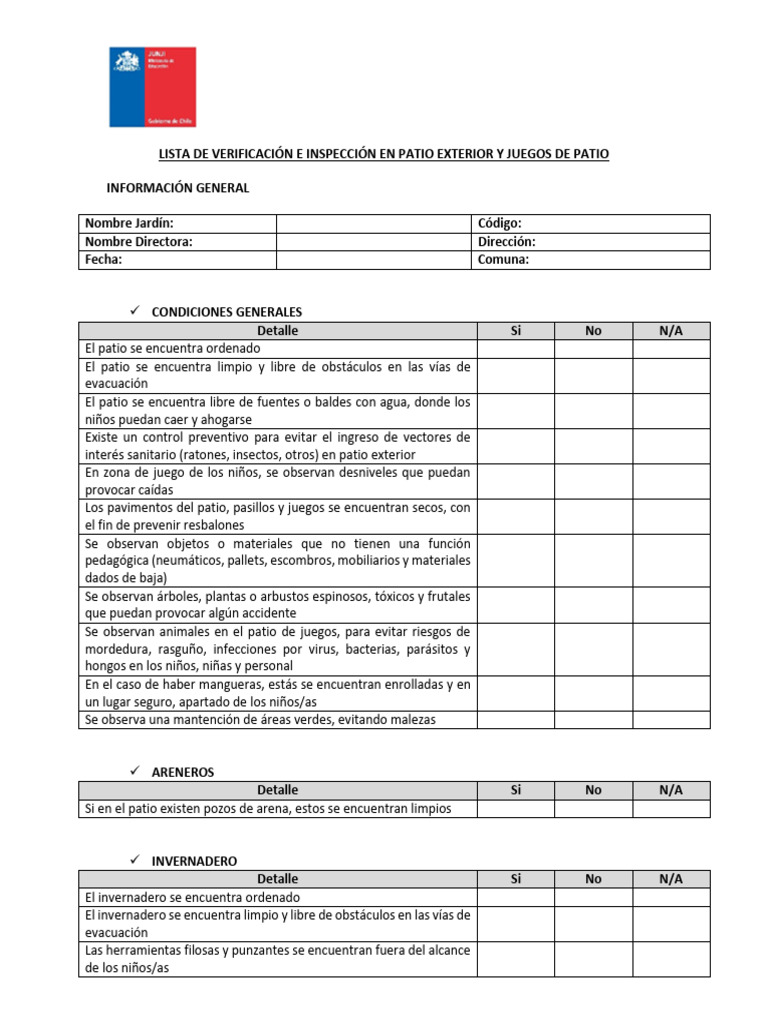 Lista de Verificación e Inspección Patio Exterior y Juegos de Patio | PDF