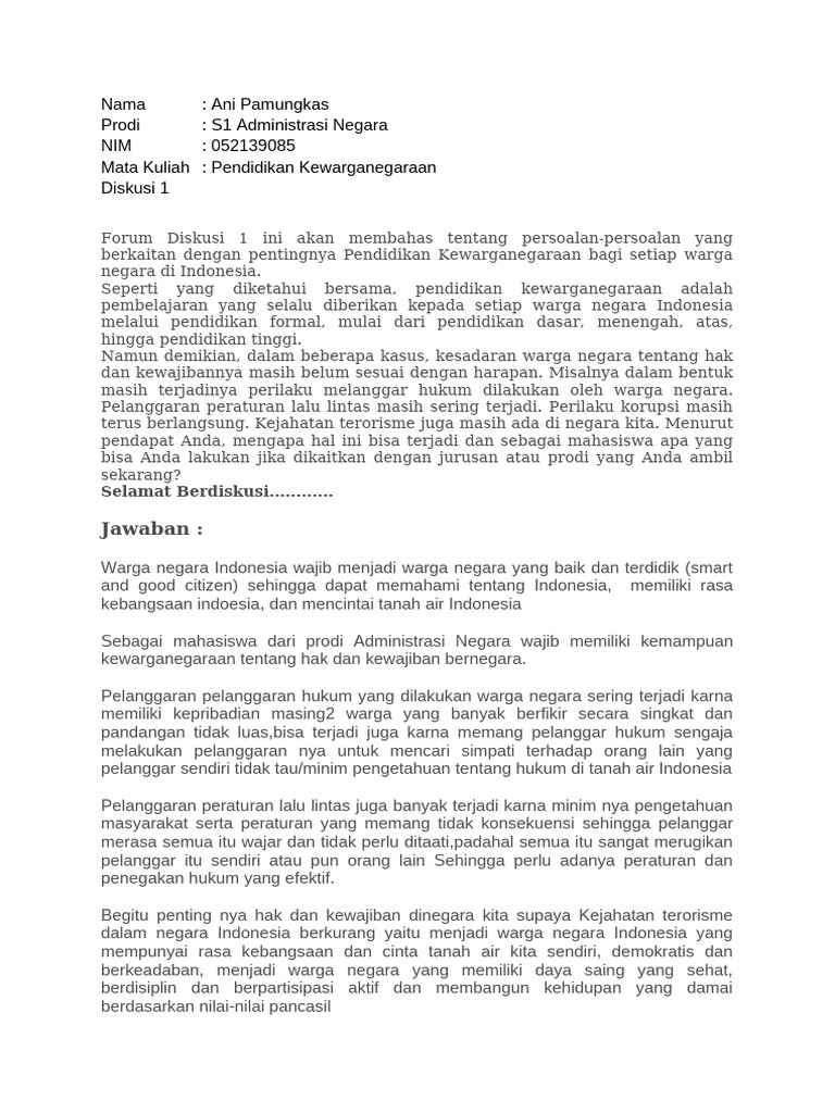 Diskusi 1 Pendidikan Kewarganegaraan | PDF