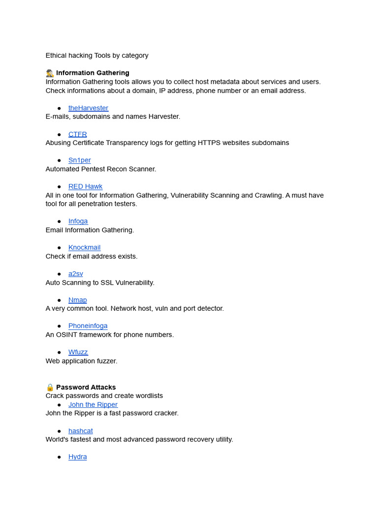A Wide Collection of Ethical Hacking Tools | PDF | Password | Computers