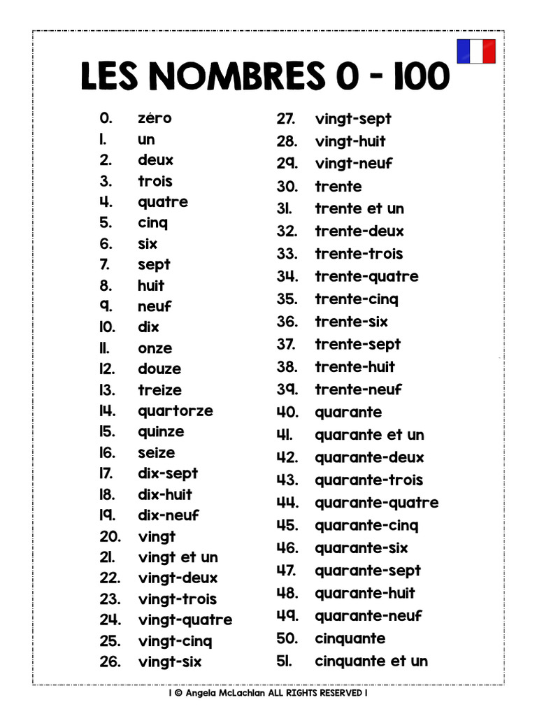 French Numbers 0 100 Reference List | PDF