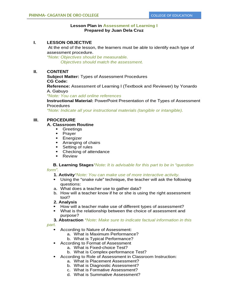TEACHING DEMO LESSON PLAN With NOTE | PDF | Educational Assessment ...