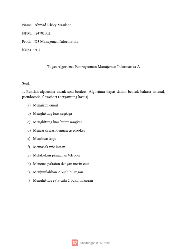 Tugas Algoritma Pemrograman. Ahmad Rizky Maulana 1A | PDF