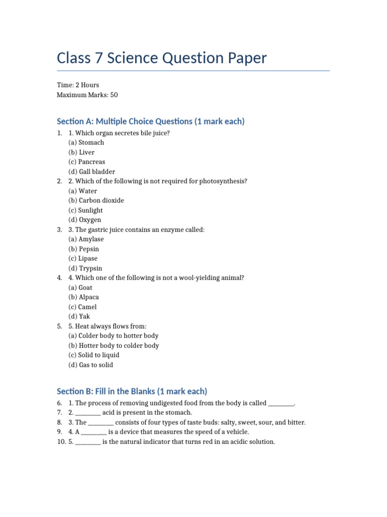 Class 7 Science Question Paper | PDF