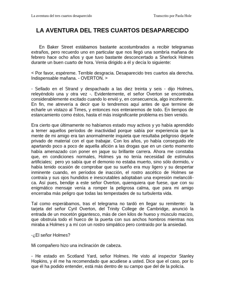 La Aventura Del Tres Cuartos Desaparecidos | PDF | Sherlock Holmes ...