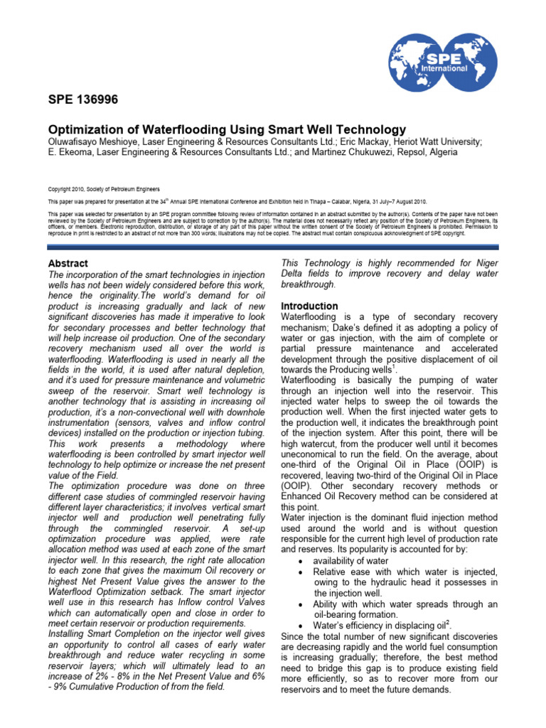 Optimization of Waterflooding Using Smart Well Technology | PDF | Petroleum Reservoir ...