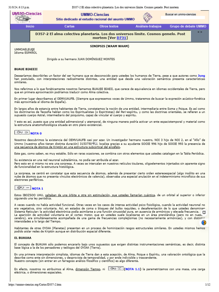 El Alma Colectiva Planetaria. Los Dos Universos Límite. Cosmos Gemelo. Ummo | PDF