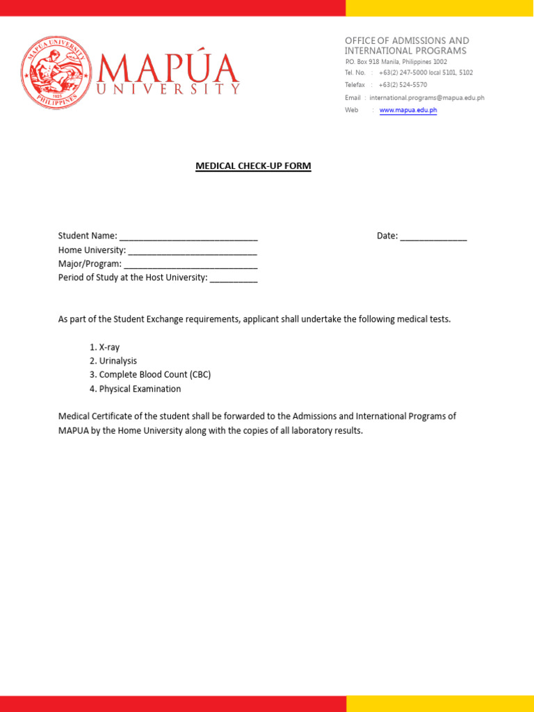 Student Exchange Medical Check Up Form | PDF