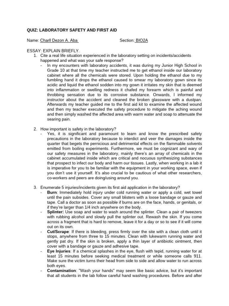 Charll Dezon Aba - Quiz Laboratory Safety Rules and First Aid | PDF