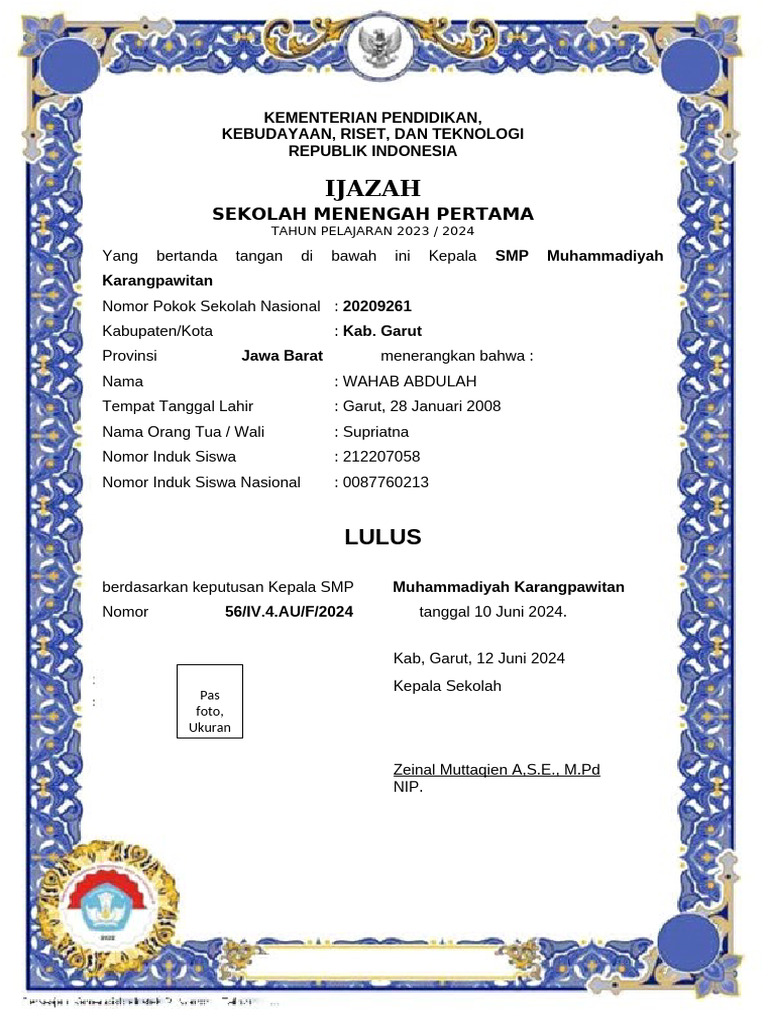 Format Ijazah SMP | PDF
