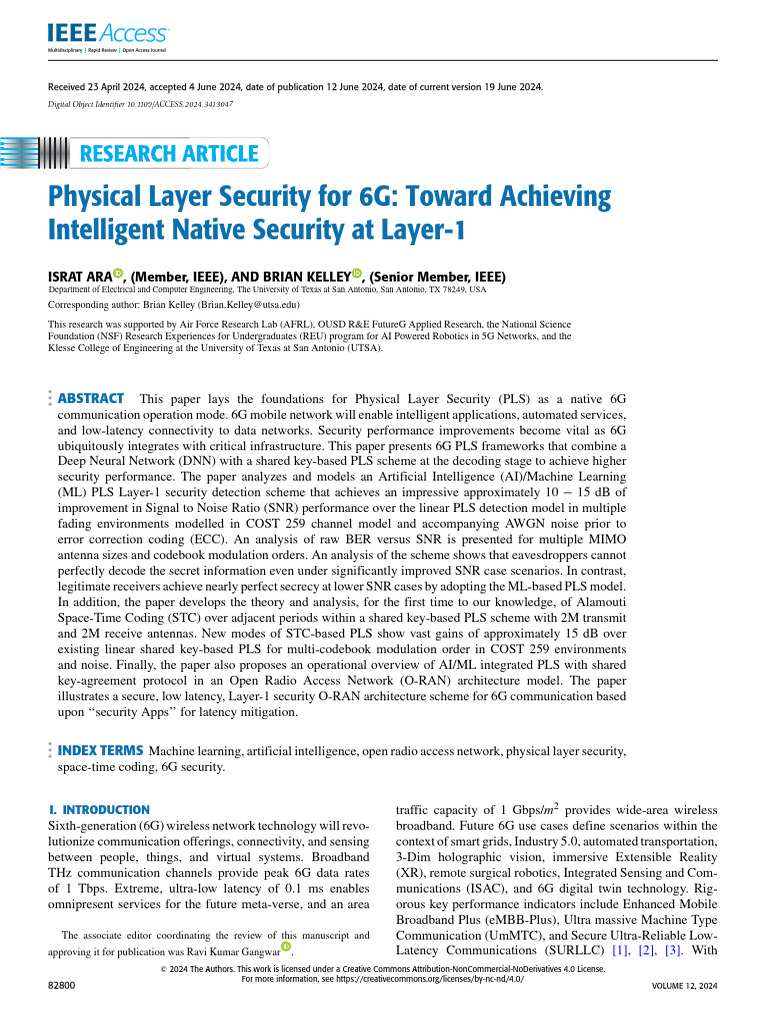 Physical Layer Security For 6G Toward Achieving Intelligent Native Security at Layer-1 | PDF