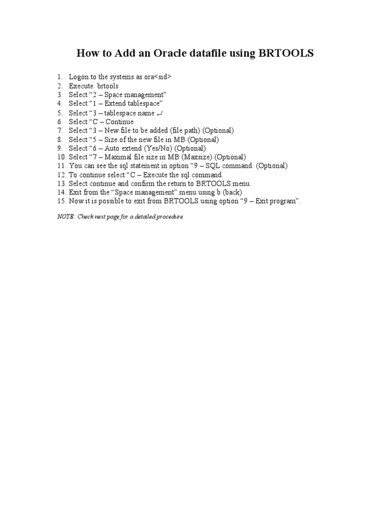 How To Add An Oracle Datafile Using BRTOOLS | PDF | Sql | Computer File