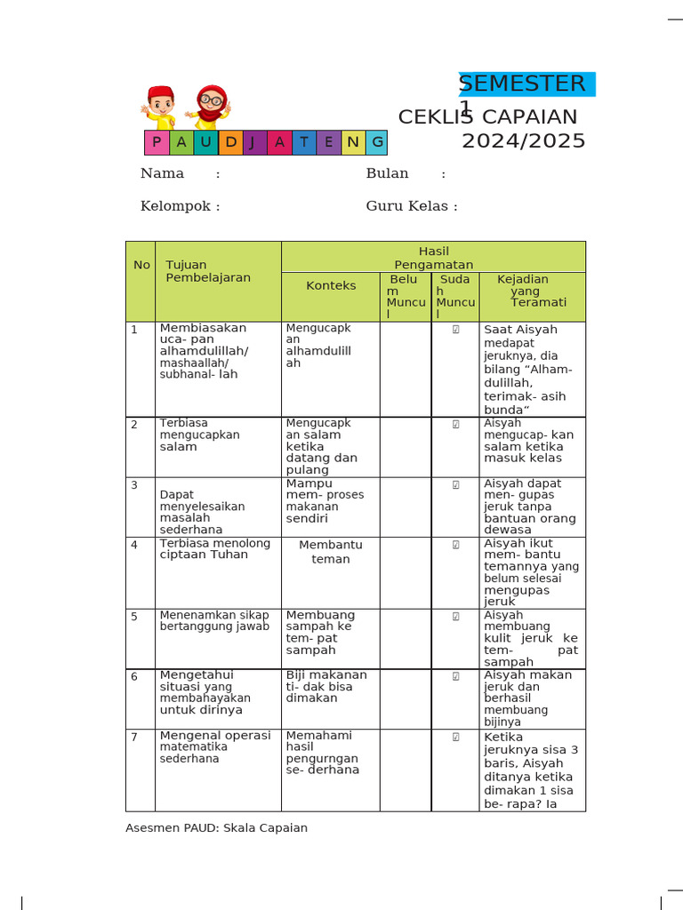 Ceklis Skala Capaian Paud | PDF