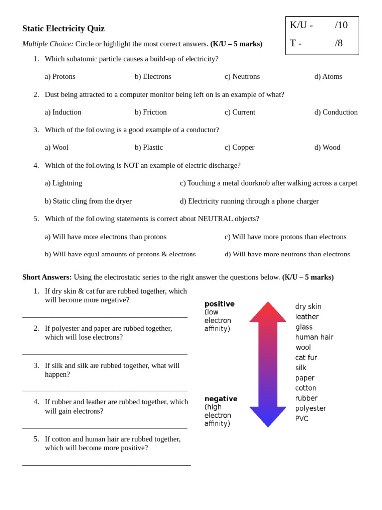 6.1.QUIZ StaticElectricity | PDF | Electron | Teaching Methods & Materials