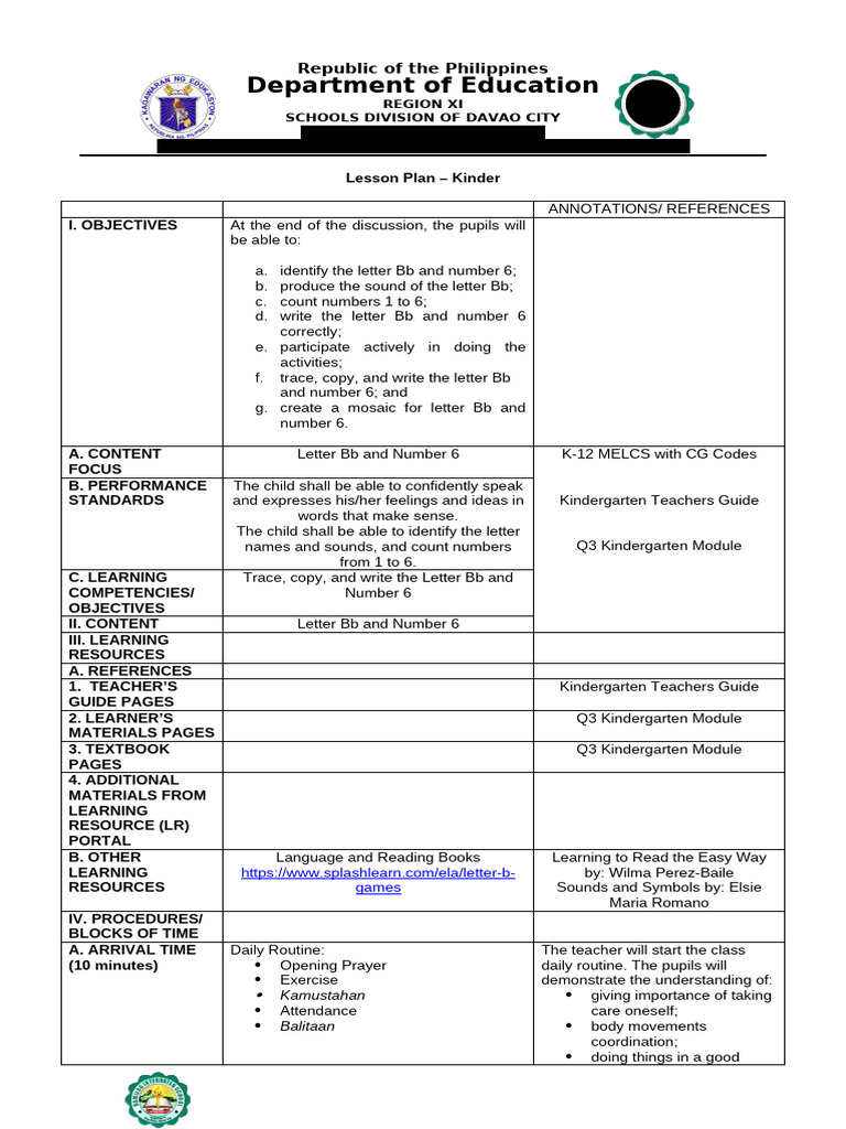 Kinder Lesson Plan by A Public School Kindergarten Teacher | PDF ...