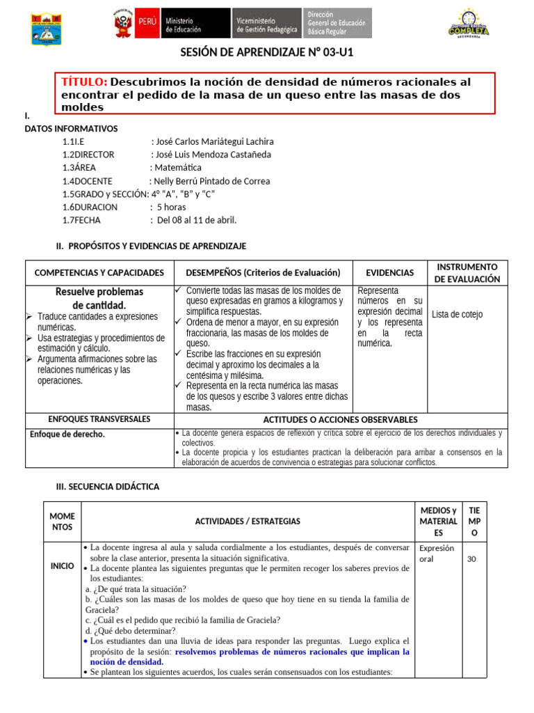 SESIÓN DE APRENDIZAJE N° 03-U1 | PDF