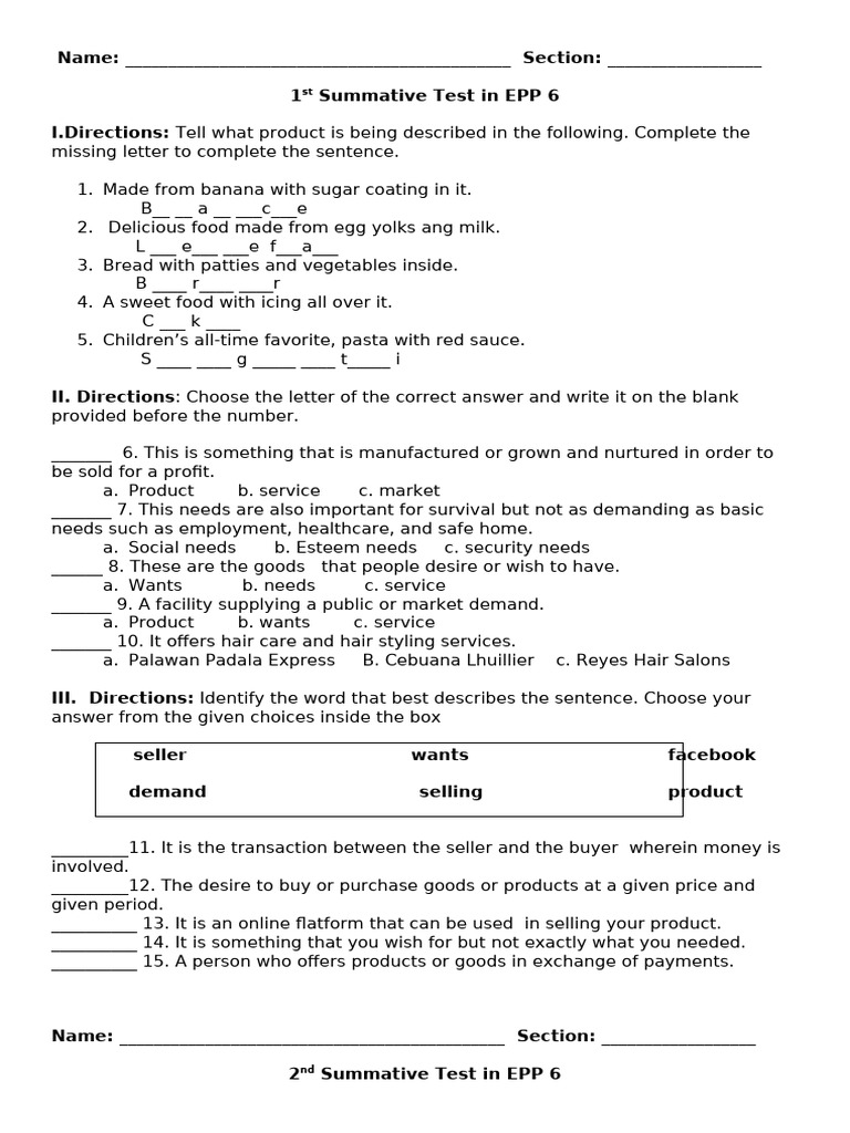 Epp6 Summative Quarter 1 | PDF
