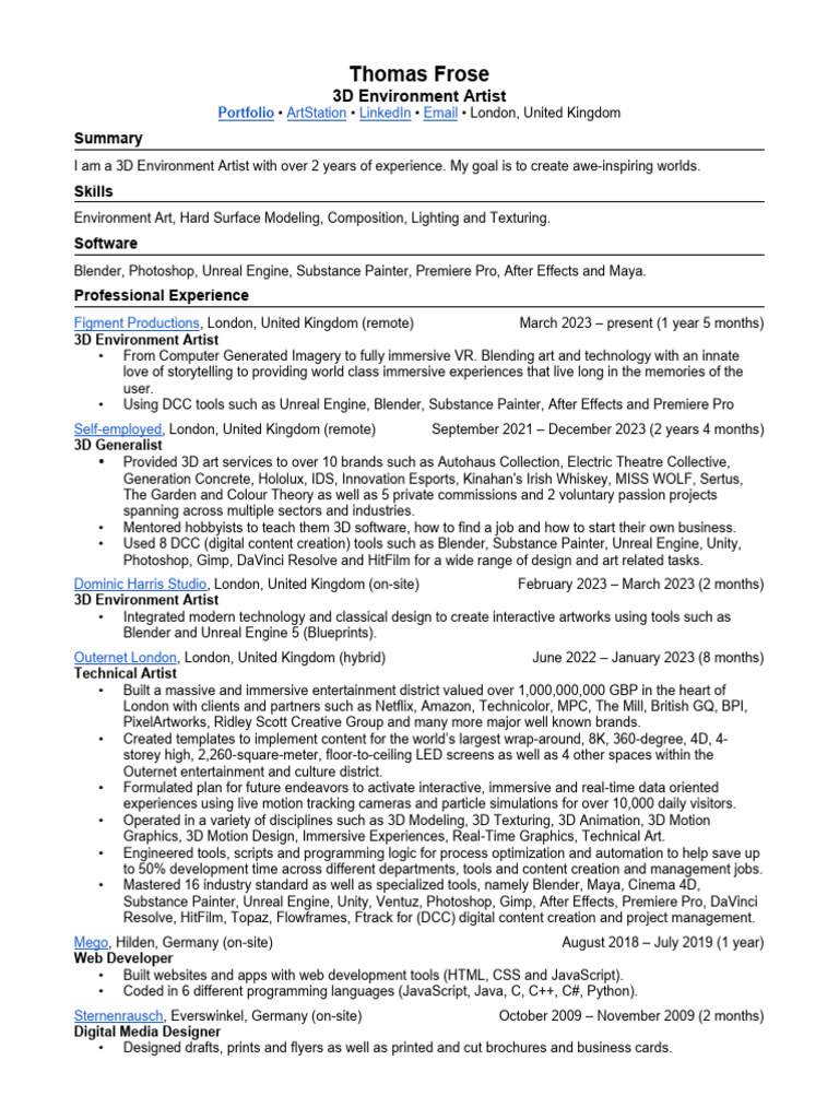 Thomas Frose 3d Environment Artist | PDF