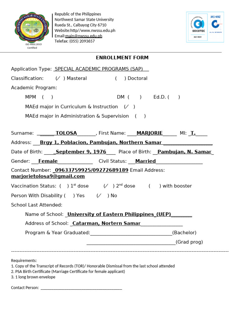 Enrollment Form 6 2 | PDF
