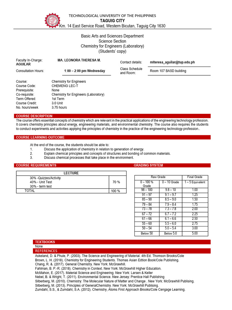 SYLLABUS CHEMENG LEC Student Copy 2024 | PDF