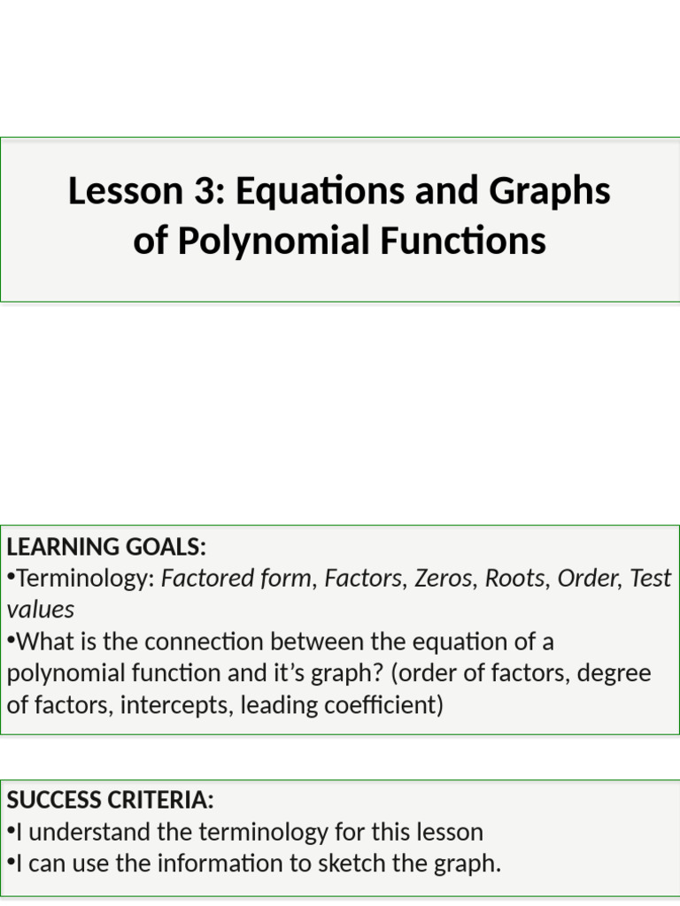 Lesson 3 Equations and Graphs of Polynomial Functions | PDF | Zero Of A Function | Polynomial