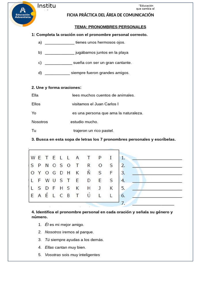 Ficha - Pronombres Personales. | PDF | Artes del Lenguaje y Comunicación