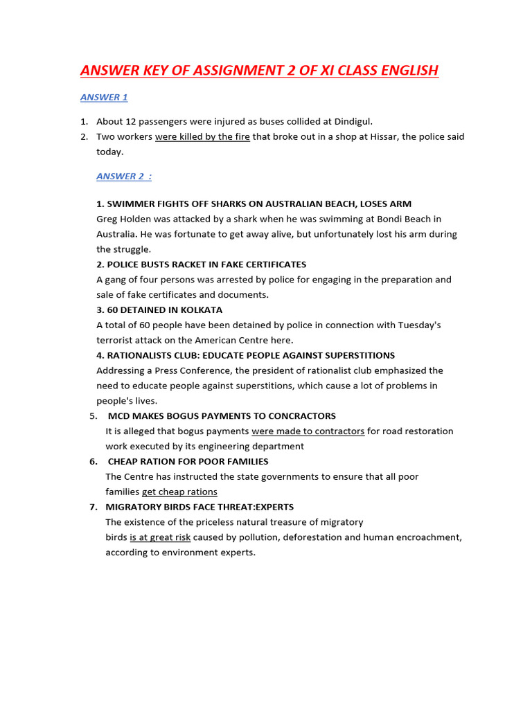 Answer Key of Assignment 2 of Xi Class English | PDF