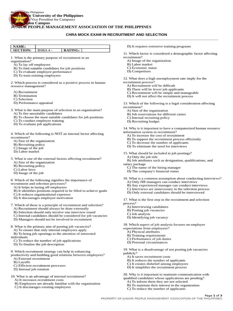 Recruitment and Selection Chra Mock Exam | PDF