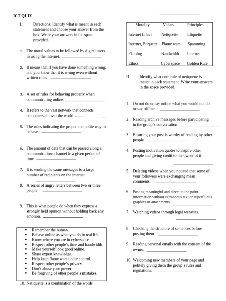 ICT QUIZ - Internet Ethics | PDF