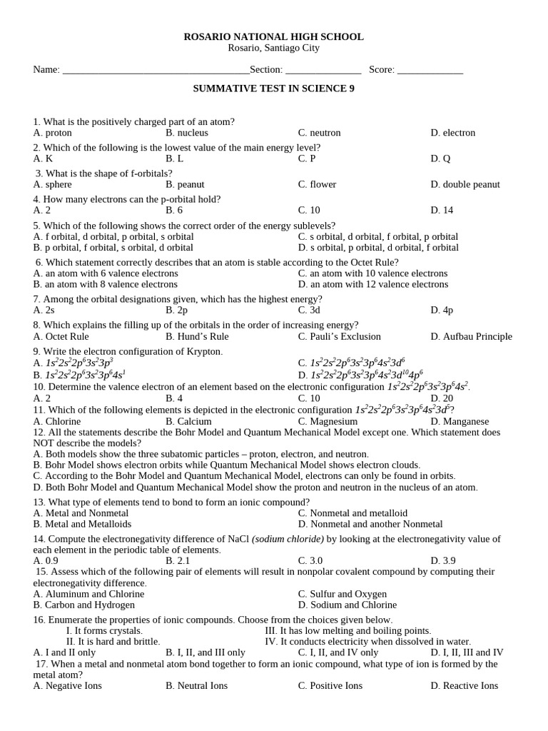 Science 9 Summative Test Review | PDF | Atomic Orbital | Science ...