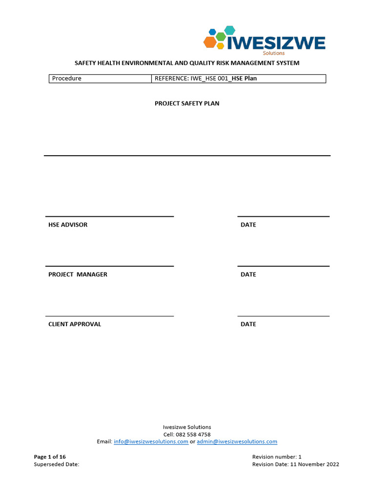 IWE - HSE 001 - HSE Plan - Rev 1 | PDF