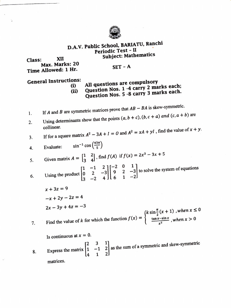 Solutions Pt-II Xii Maths Set-A | PDF | Functional Analysis | Functions And Mappings