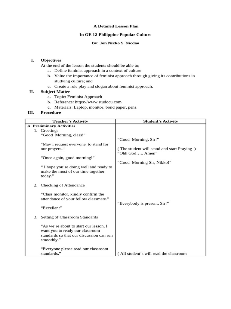 A Detailed Lesson Plan GE12 Final | PDF | Feminism | Social Science