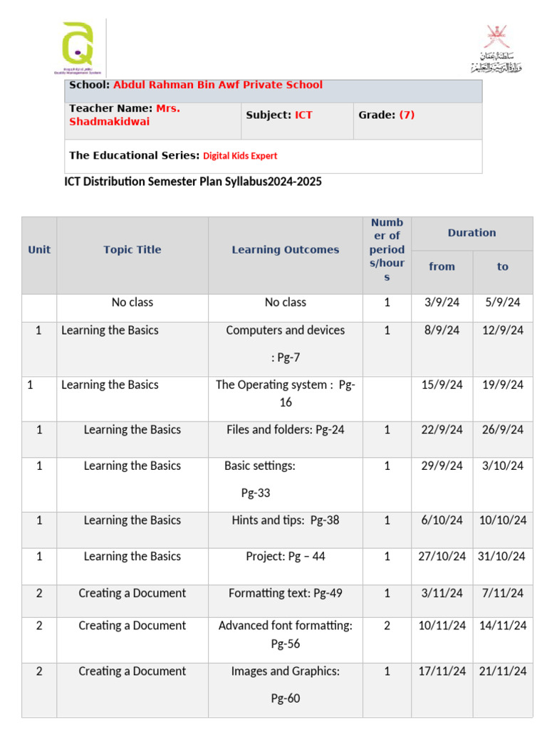 Ict First Semester Plan Grade 7shadma | PDF