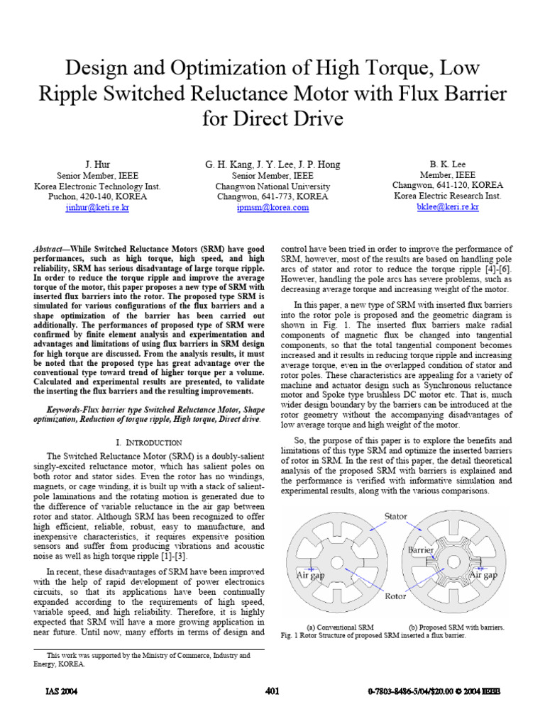 Design and Optimization of High Torque, Low Ripple Switched Reluctance Motor With Flux Barrier ...