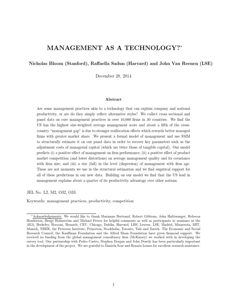 Management As A Technology?: Nicholas Bloom (Stanford), Raffaella Sadun (Harvard) and John Van ...