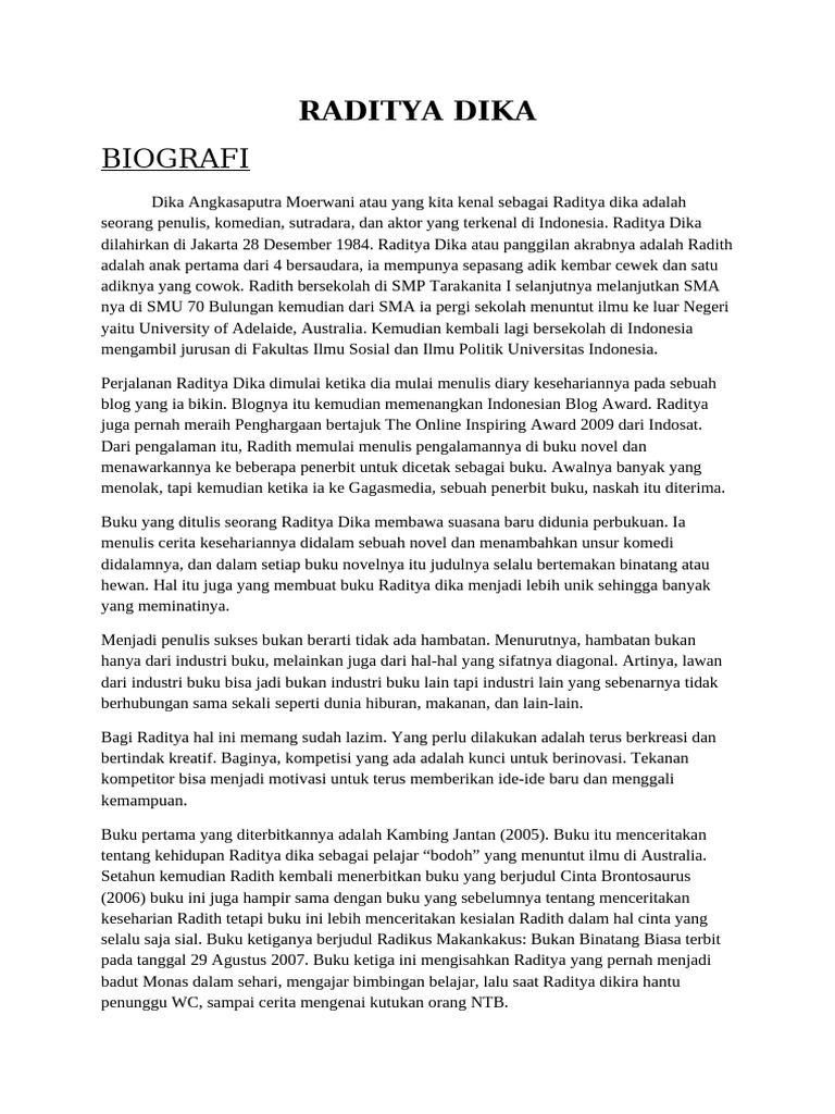 Bahasa Indonesia (Biografi Raditya Dika Karang Sendiri + Internet Dikit) | PDF