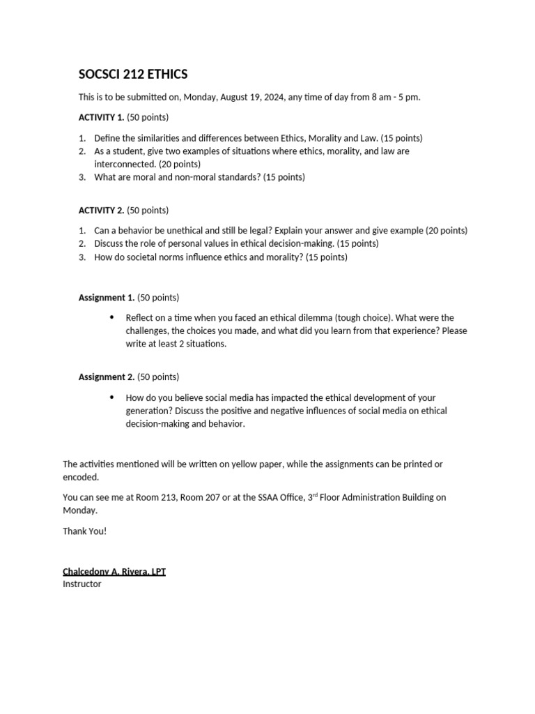 SOCSCI 212 ETHICS Activity and Assignments | PDF